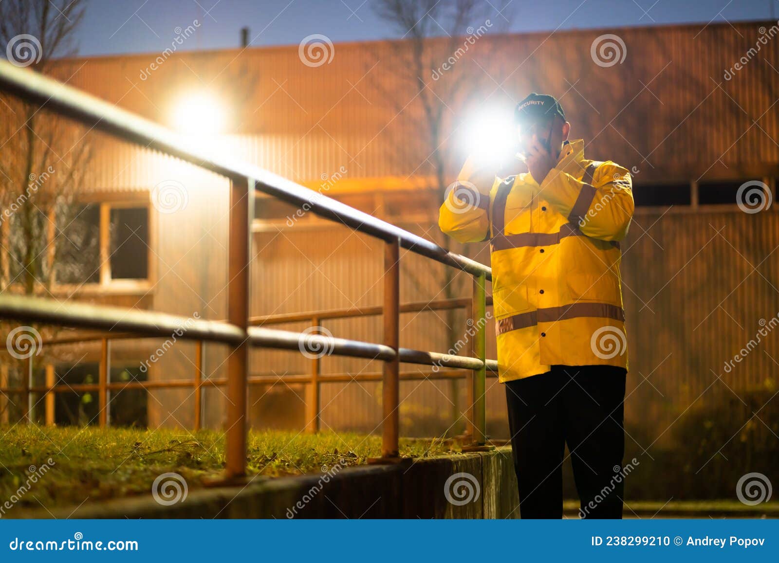 Security Guard Walking with Flashlight at Night Stock Photo - Image of ...
