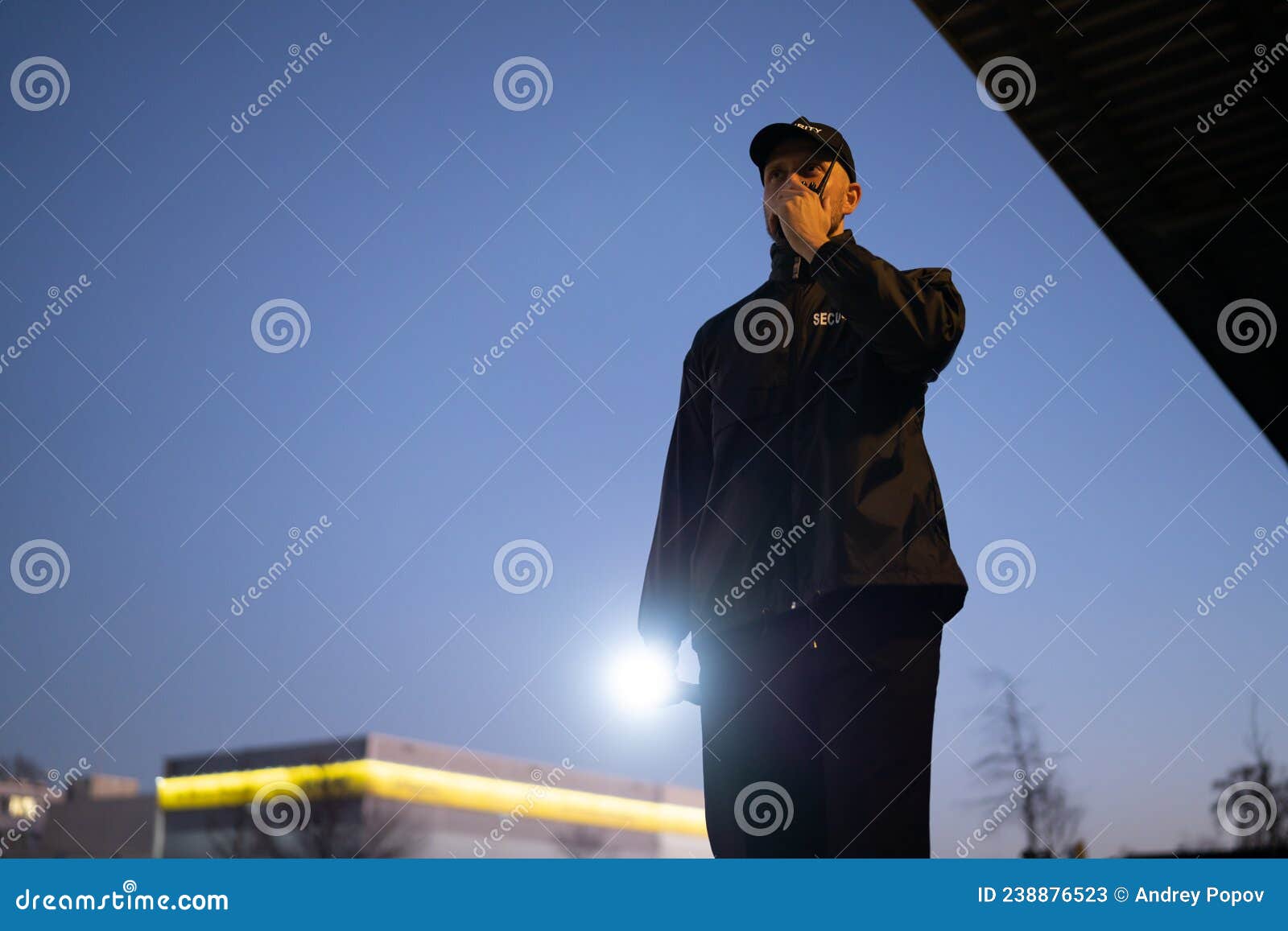 Security Guard Walking with Flashlight at Night Stock Image - Image of ...