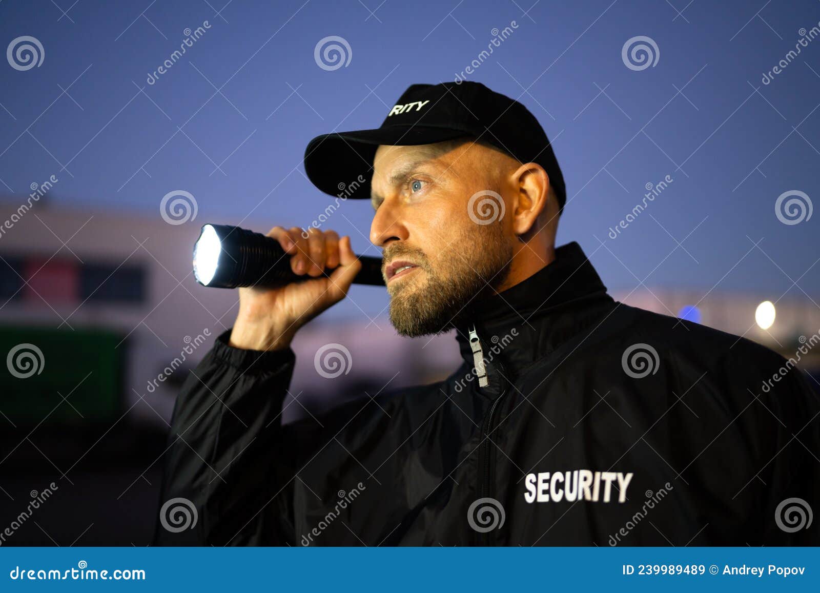Security Guard Walking with Flashlight at Night Stock Image - Image of ...