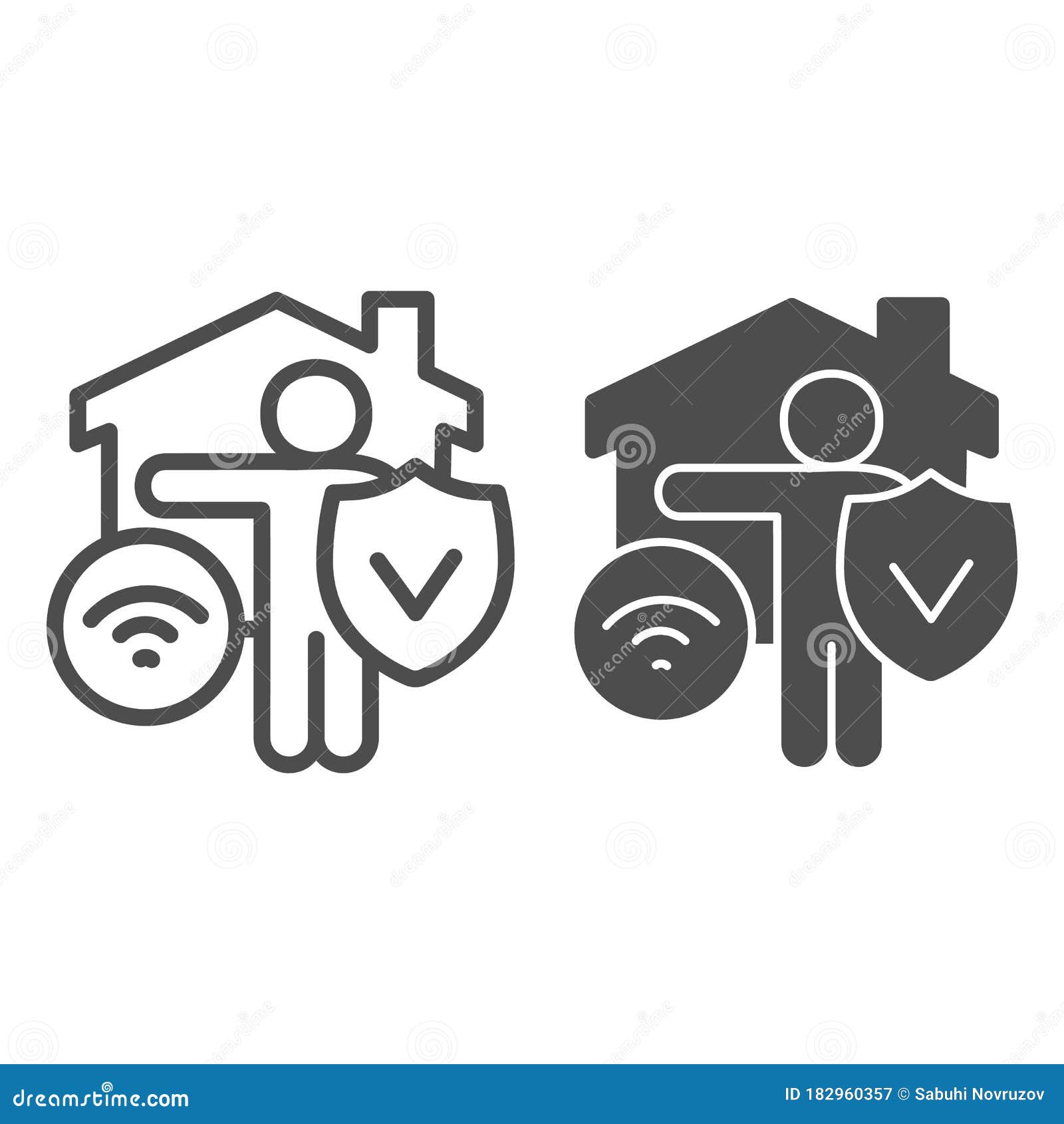 Security Guard and Wireless Connection at Home Line and Solid Icon ...