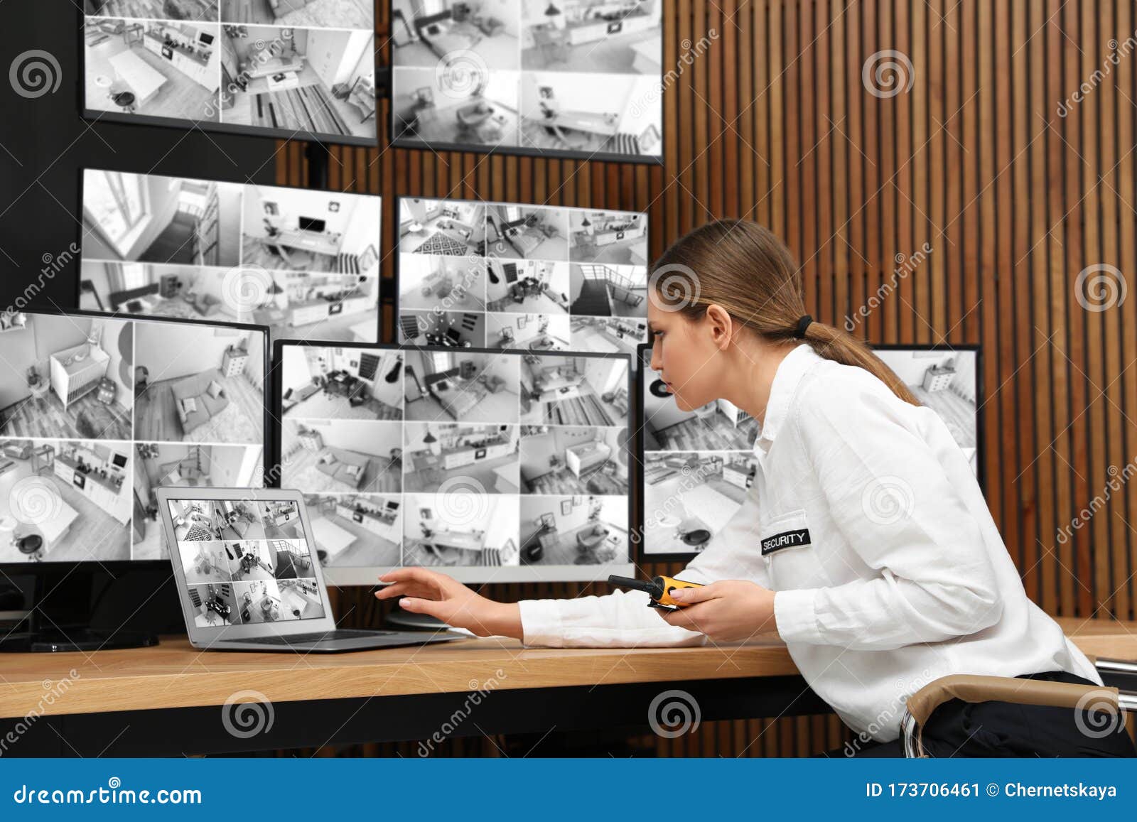 Security Guard Working with Laptop at Workplace Stock Image - Image of ...
