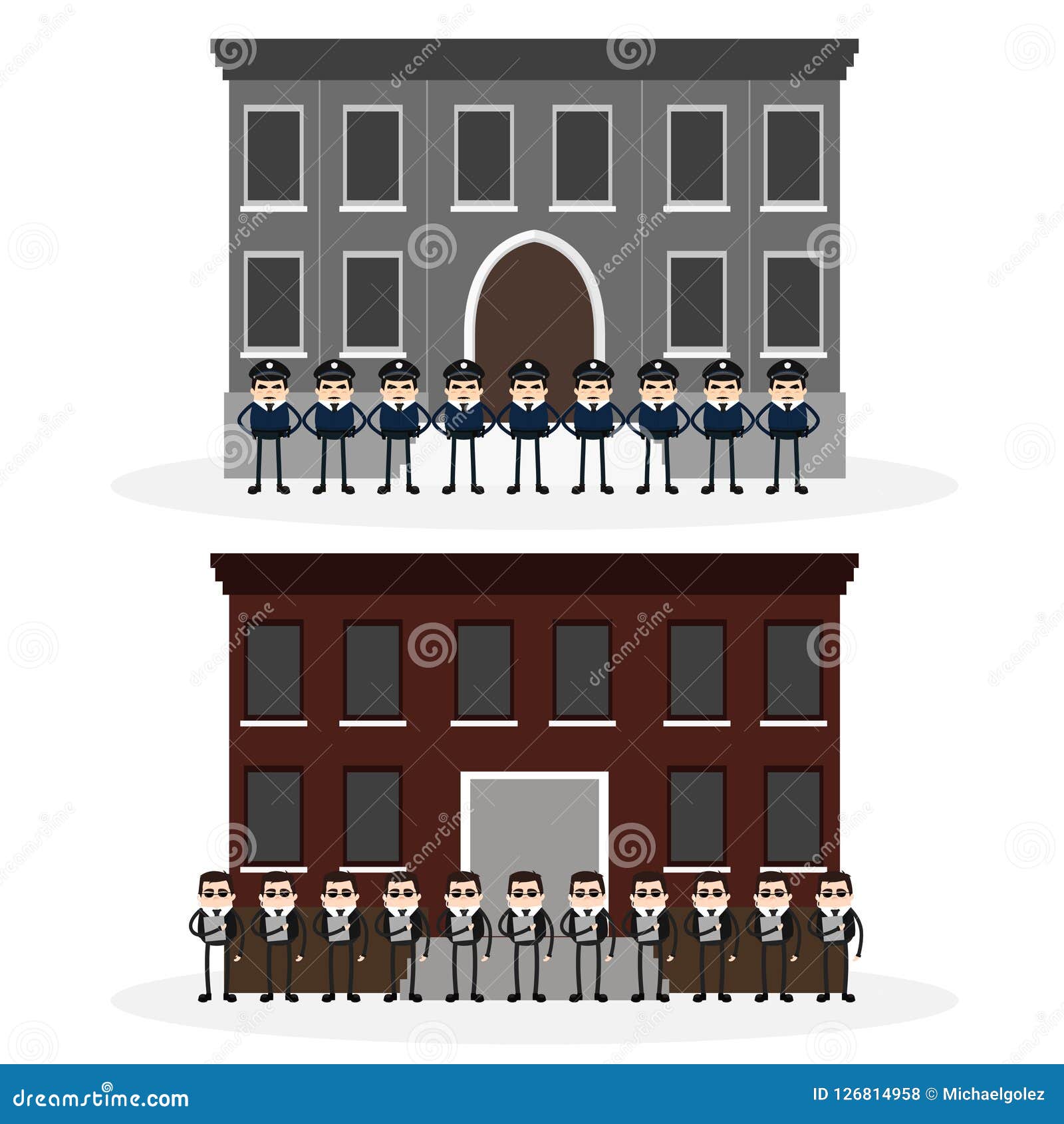 Security Guards In Uniform Using Walkie-talkie In Night Office Public ...