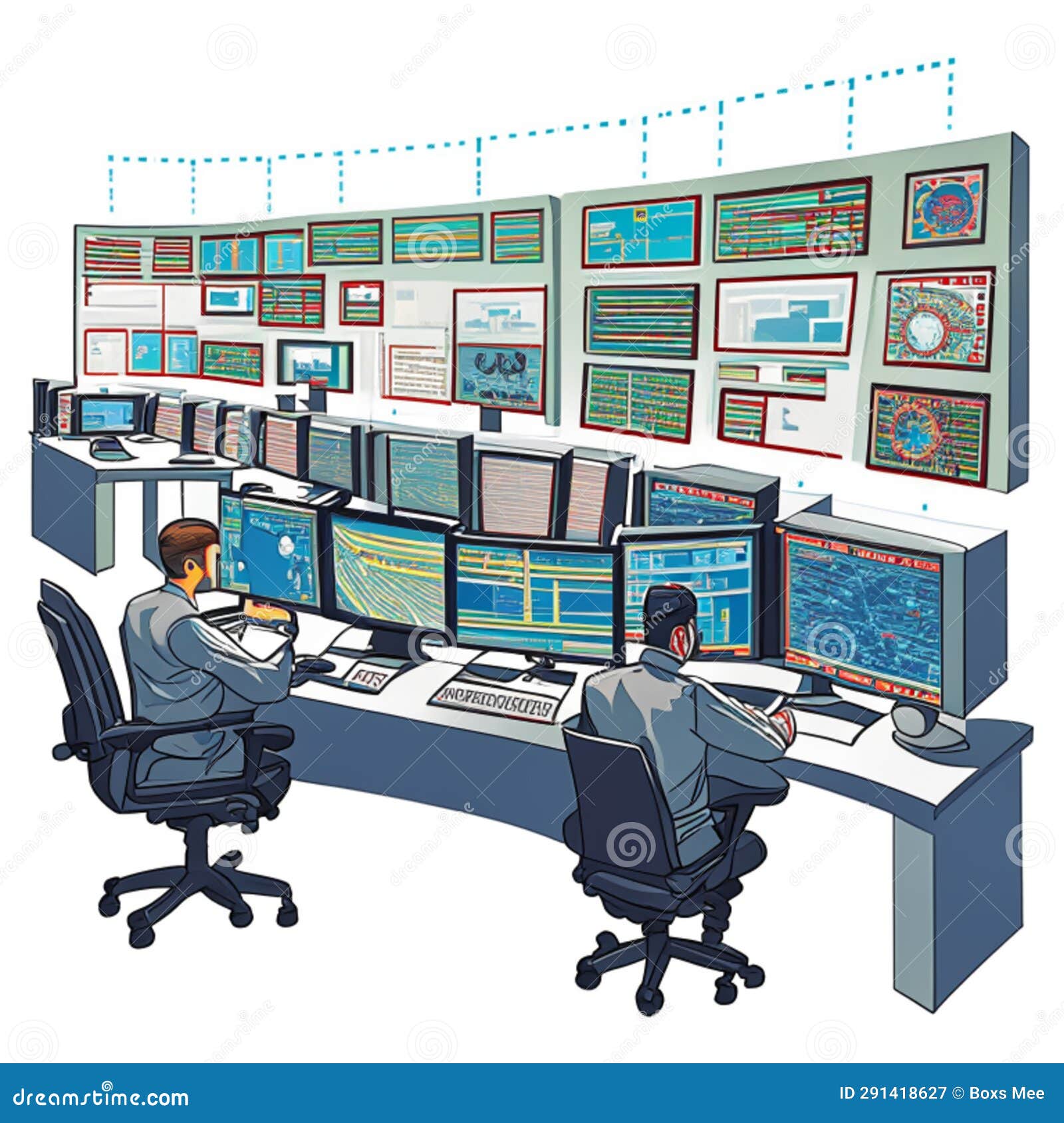 Security Guards In Uniform Using Walkie-talkie In Night Office Public ...