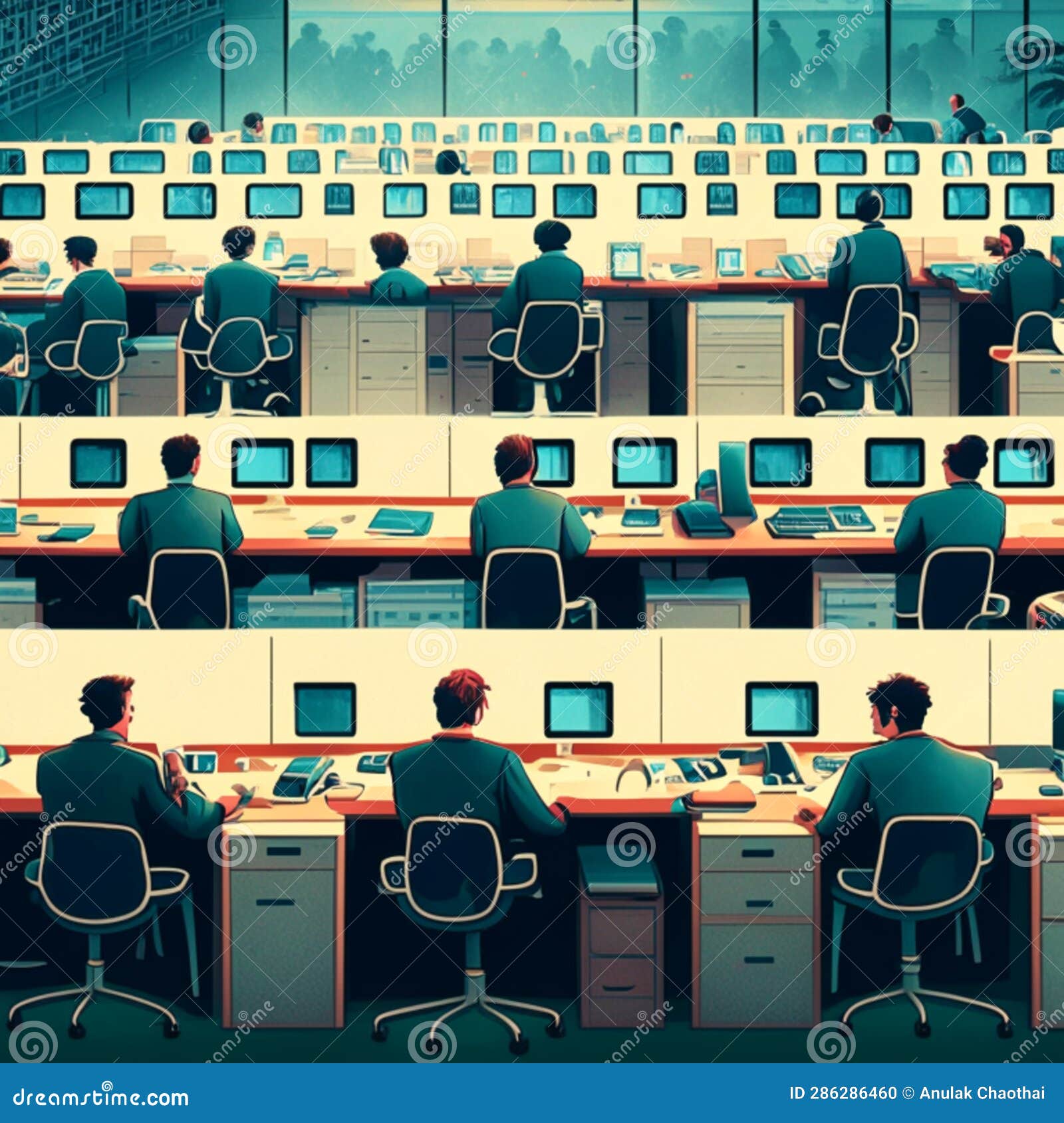 Security Guards in Surveillance Room, Panoramic View. 3D Rendering ...