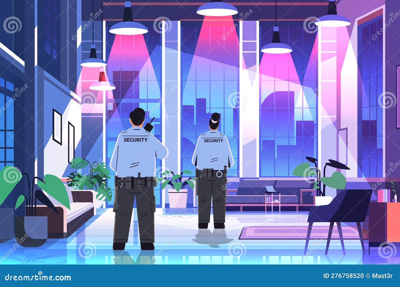 Security Guards In Uniform Using Walkie-talkie In Night Office Public ...