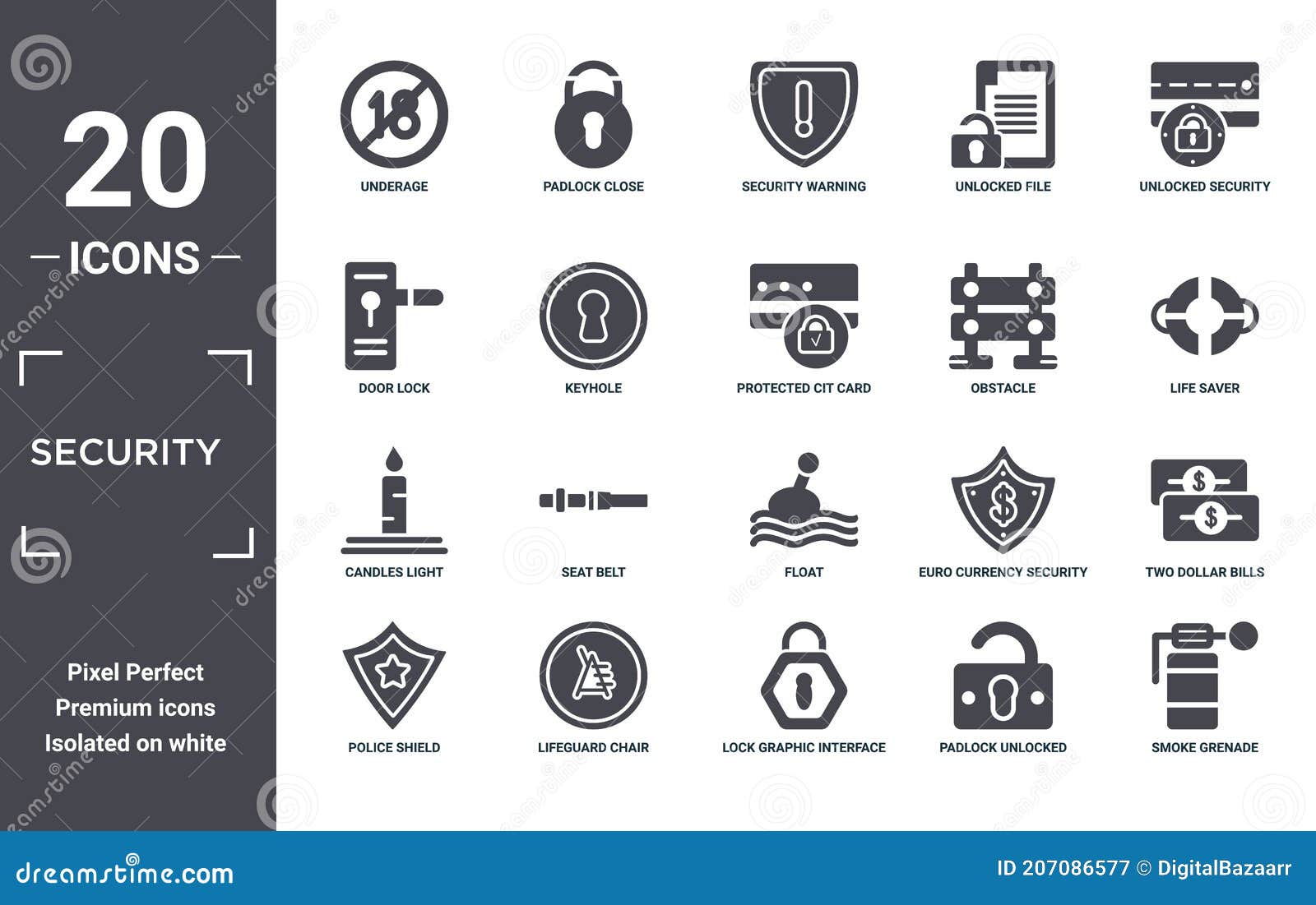 Security Icon Set. Include Creative Elements As Underage, Unlocked ...