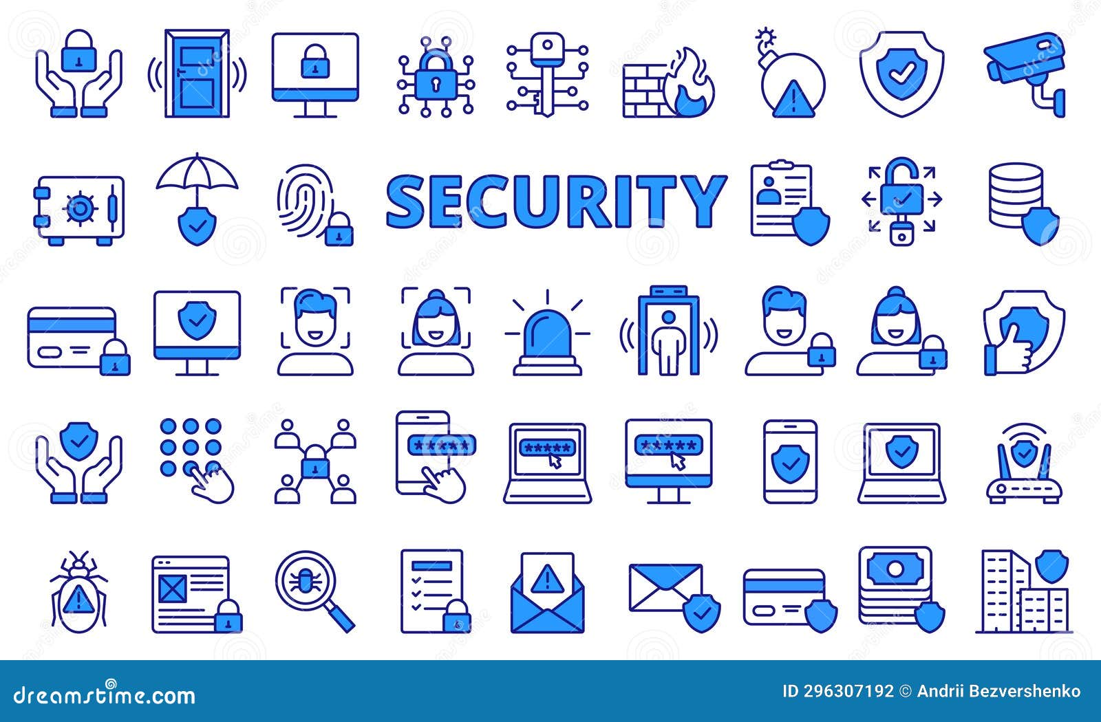 Security Icon Set in Line Design Blue. Protection, Safety, Secure ...