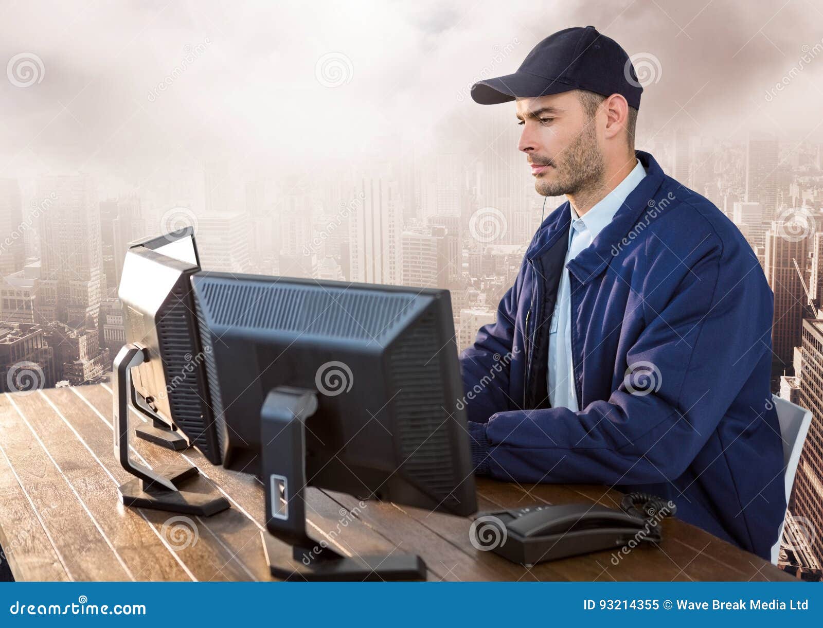 Security Man on Computer Over Large City Stock Image - Image of ...