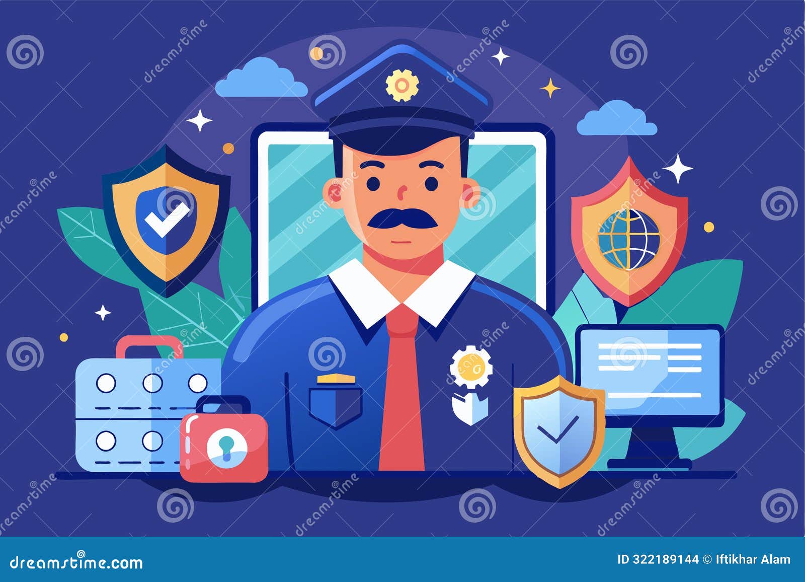 Security Officer Cartoon Illustration with Shields, Padlock, and ...
