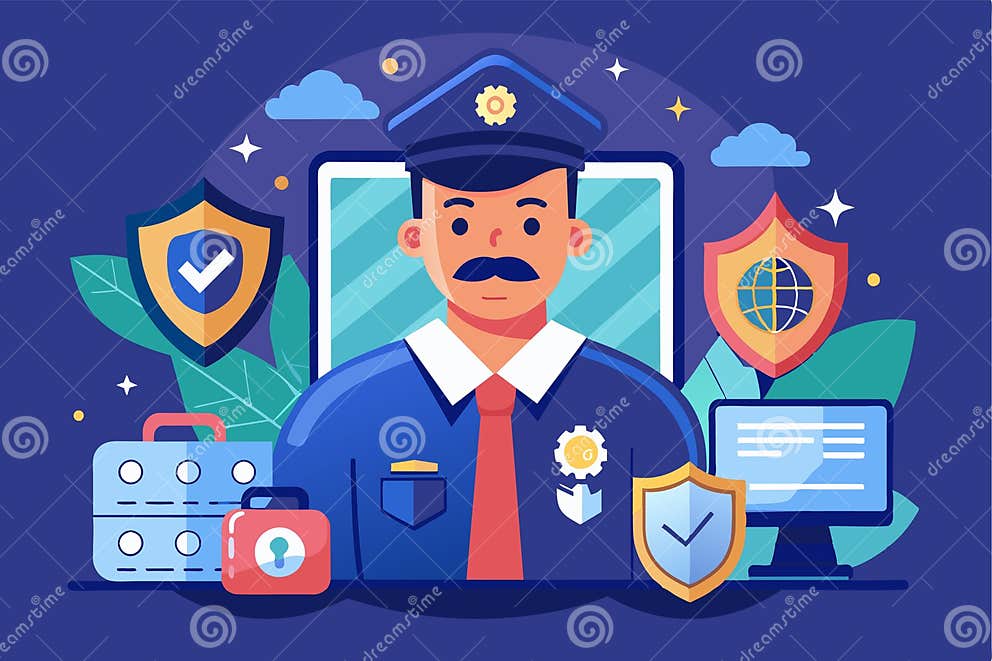 Security Officer Cartoon Illustration with Shields, Padlock, and ...