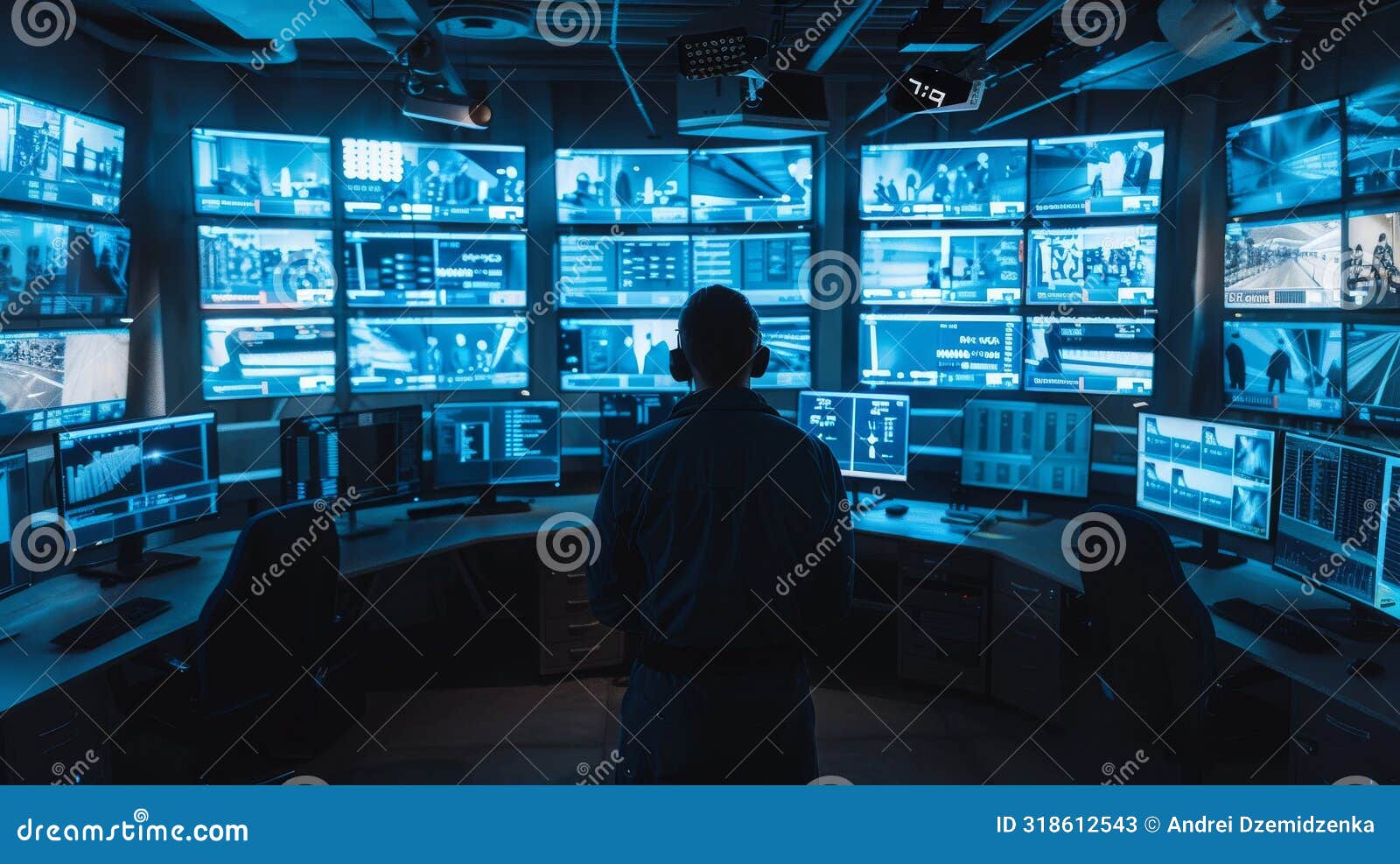 Security Officer Monitors Multiple Screens for Suspicious Activities in ...