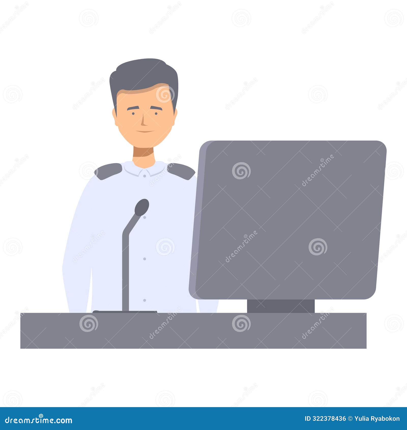 Security Officer Sitting at Desk Speaking into Microphone Stock Vector ...
