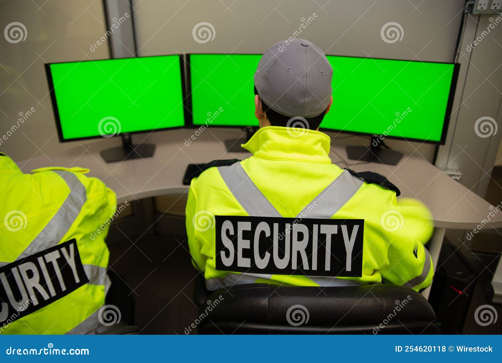 Security Officers with a Yellow Jacket Sitting at the Office in Front ...