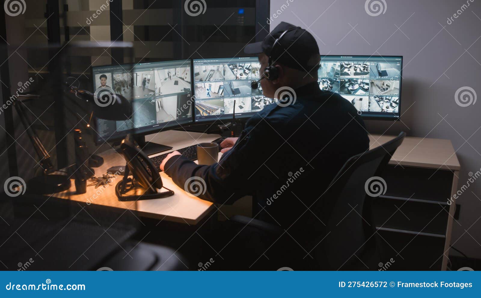 Security Operator in Headset Controls CCTV Cameras Stock Photo - Image ...