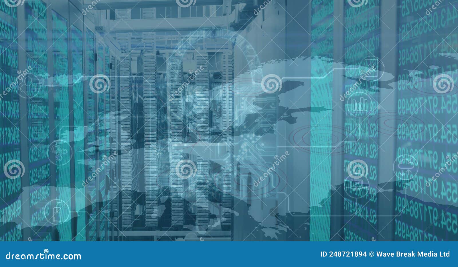 Security Padlock Icon And Binary Coding Data Processing Against Empty Server Room Stock