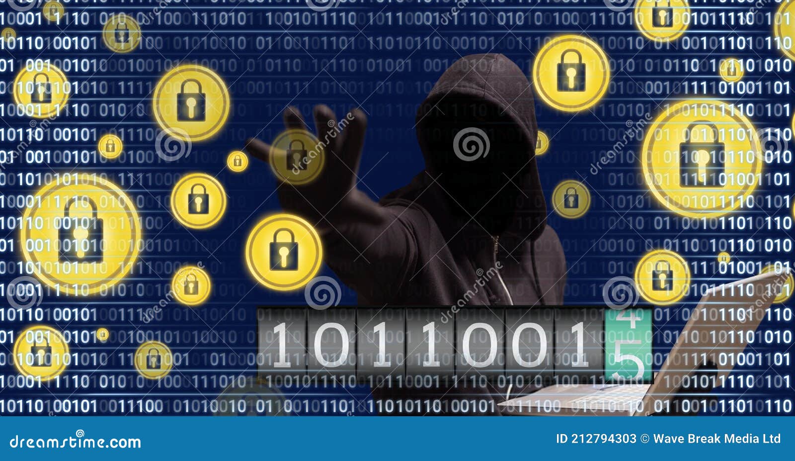 Security Padlock Icons Over Binary Coding Data Processing Against Male Hacker on Blue Background ...