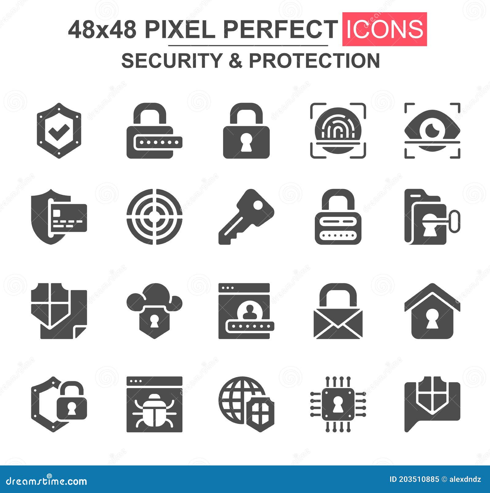Security and Protection Glyph Icon Set. Password, Padlock, Fingerprint ...