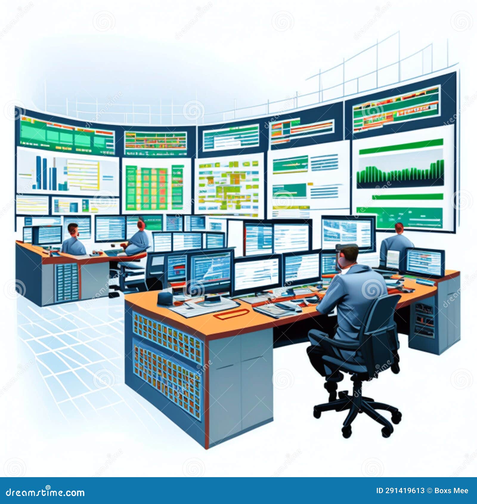 Security Room with Computers and Monitors on the Wall. 3d Rendering ...