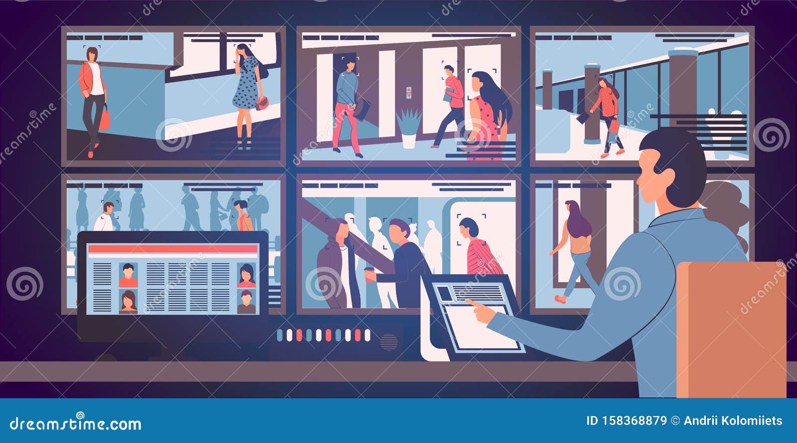 Security Room in Which Working Professionals. Surveillance Cameras ...