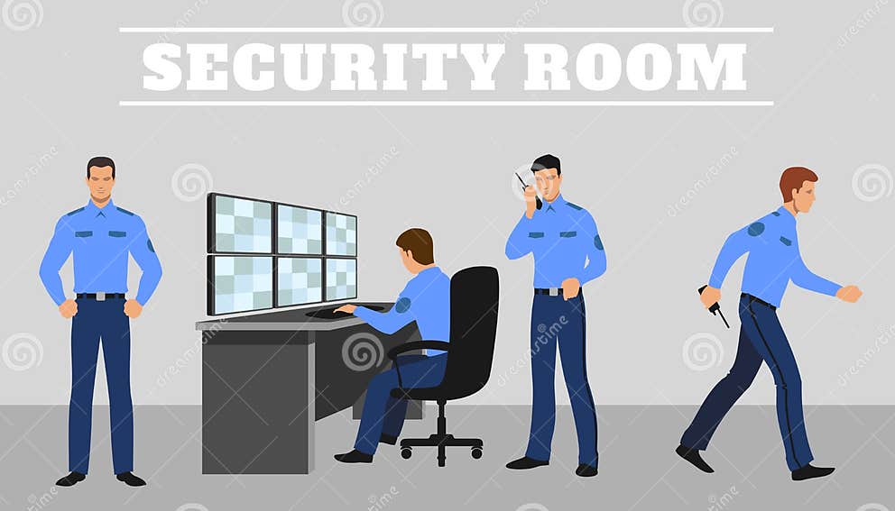Security Room and Working Guards. Vector Concept Stock Vector ...
