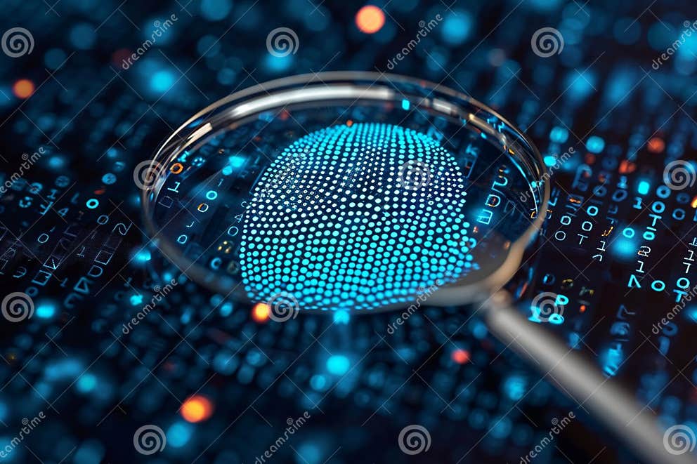 Security Scrutiny Biometrics Authentication Technology Under Magnifying Glass, Binary Code Stock ...