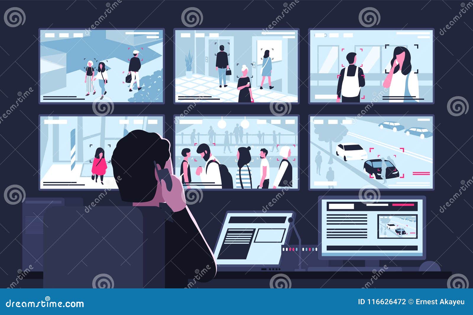 Security Service Worker Sitting in Dark Control Room in Front of ...