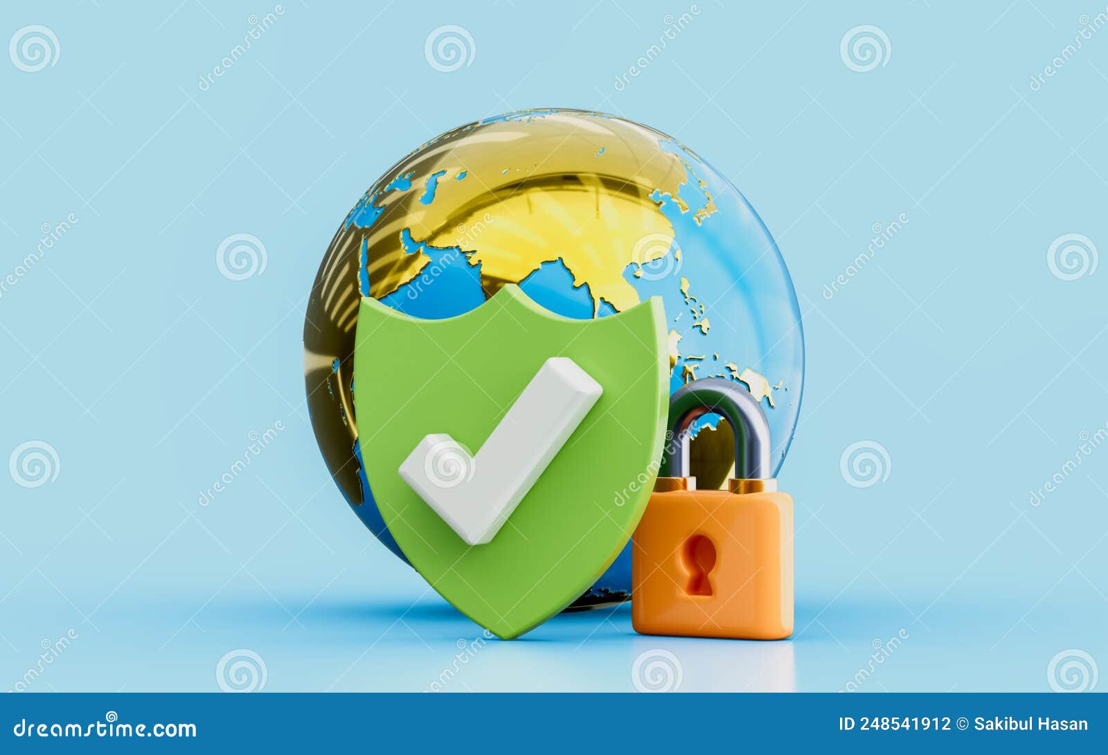Security Shield Check Mark with Global Lock Sign 3d Illustration Stock ...