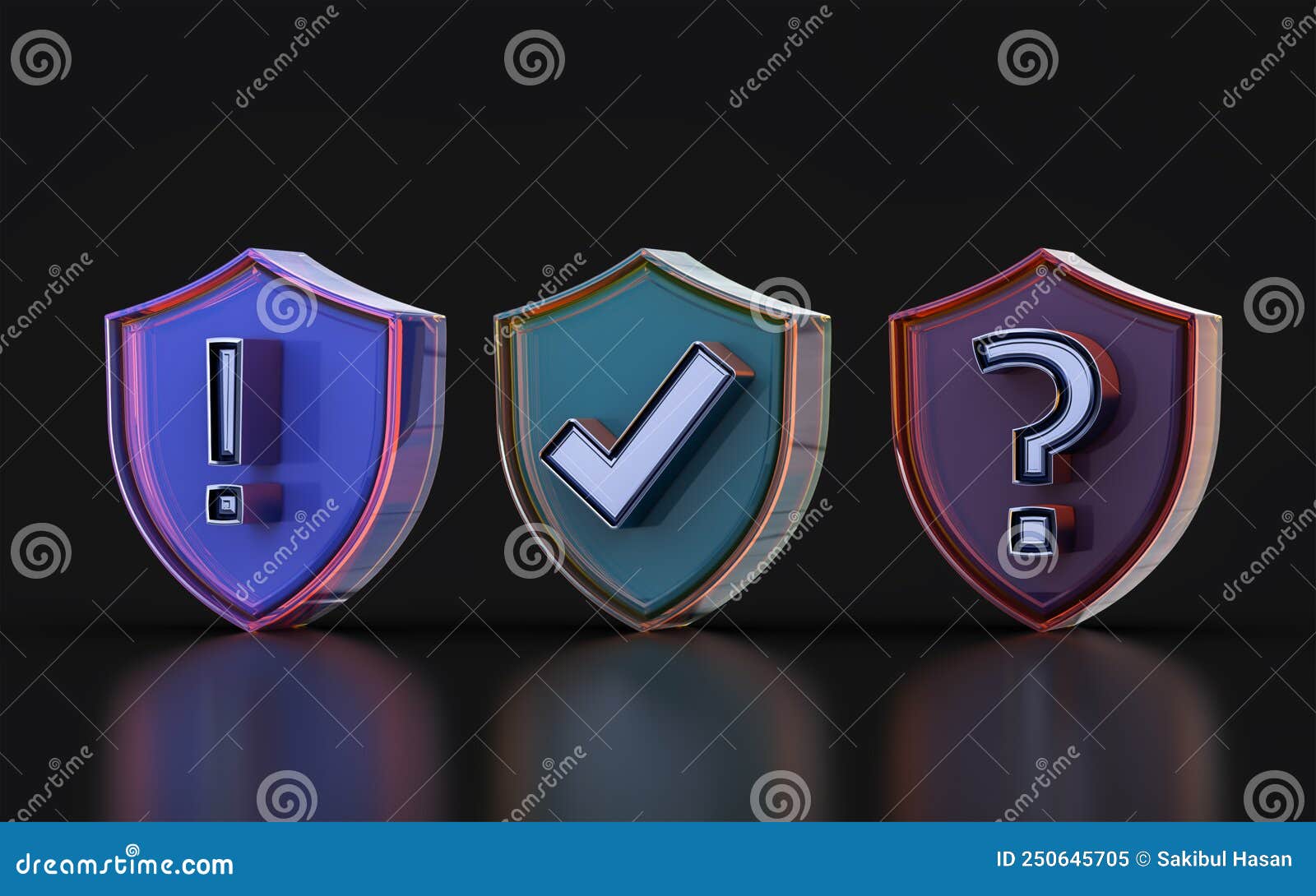 Security Shield Exclamation Check Question Mark Sign Glass Morphism ...