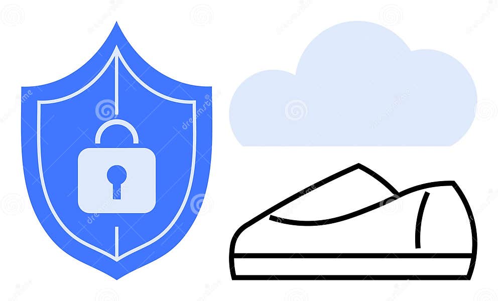 Security Shield with Padlock, Cloud Icon and Simple Shoe Outline ...