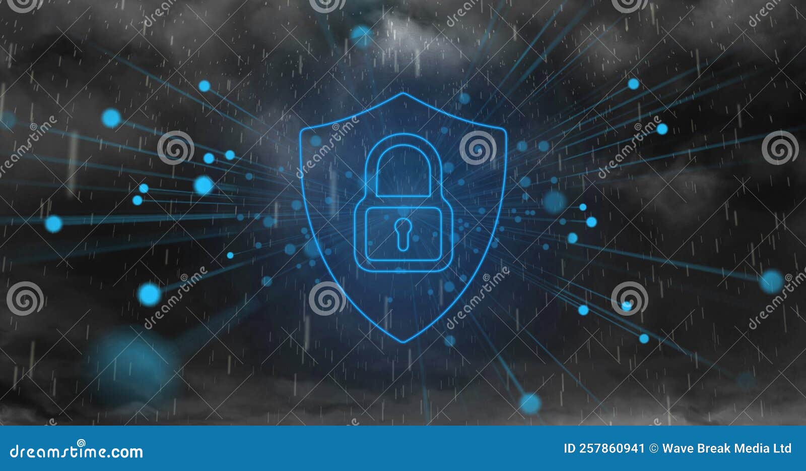 Security Shield and Padlock Icon and Blue Light Trails Against Rain and ...
