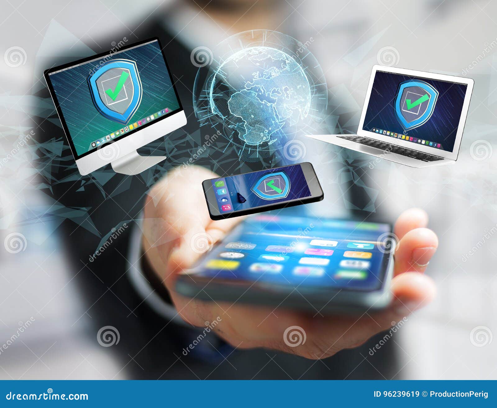 Security Shield Symbol Over a Network Connection of Different De Stock ...