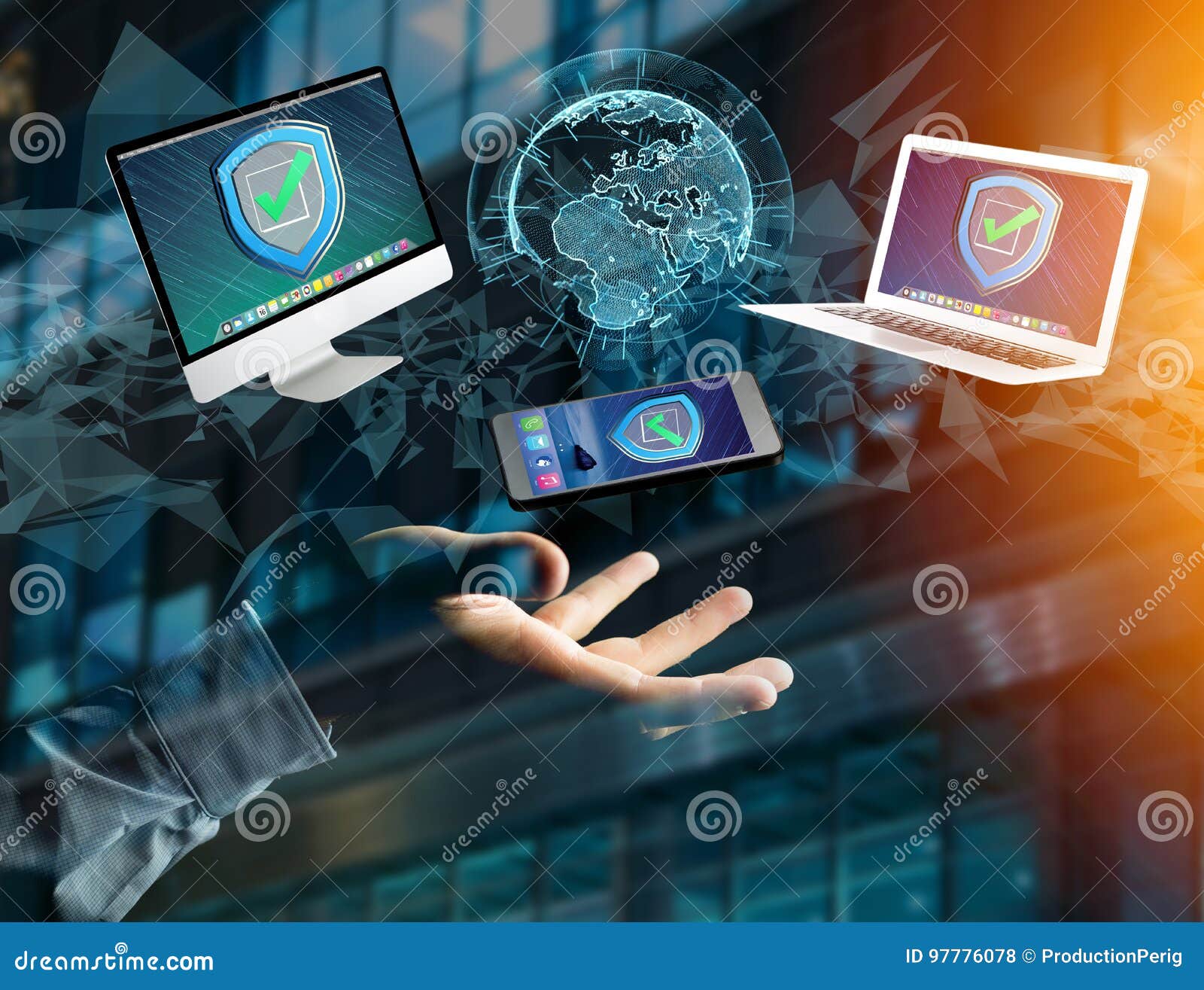 Security Shield Symbol Over a Network Connection of Different De Stock ...