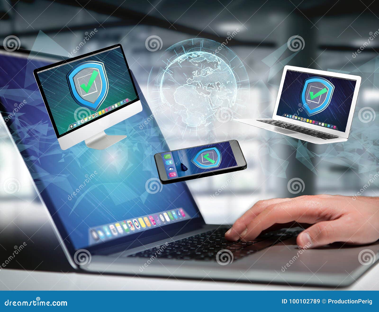 Security Shield Symbol Over a Network Connection of Different De Stock ...