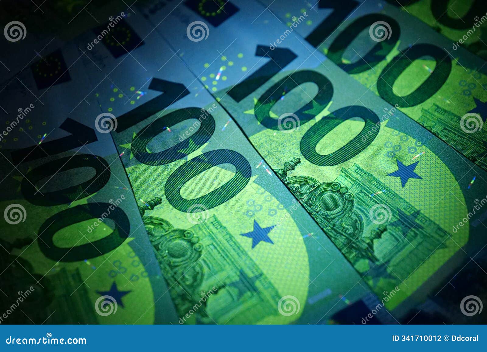 Security Signs and Elements on Euro Banknotes Glow Under Ultraviolet ...