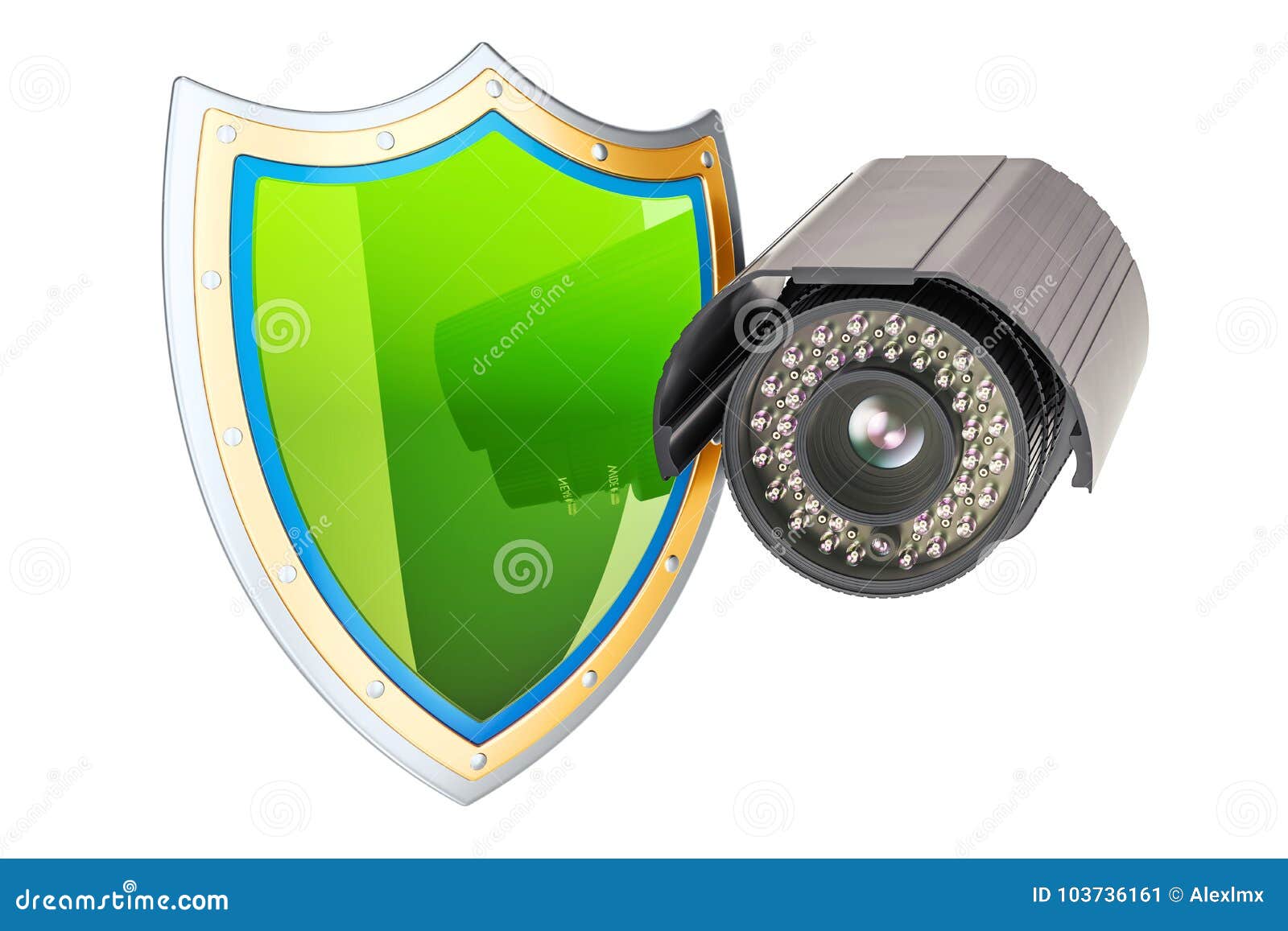 Security Surveillance Camera with Shield, Safety Concept. 3D Rendering ...