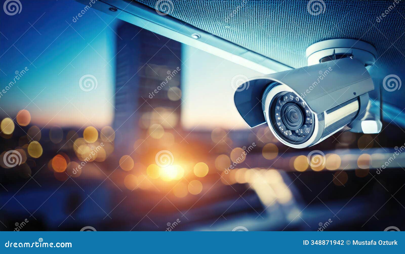 Close-up Of A CCTV Security Camera In A Rainy City At Night, With Neon ...