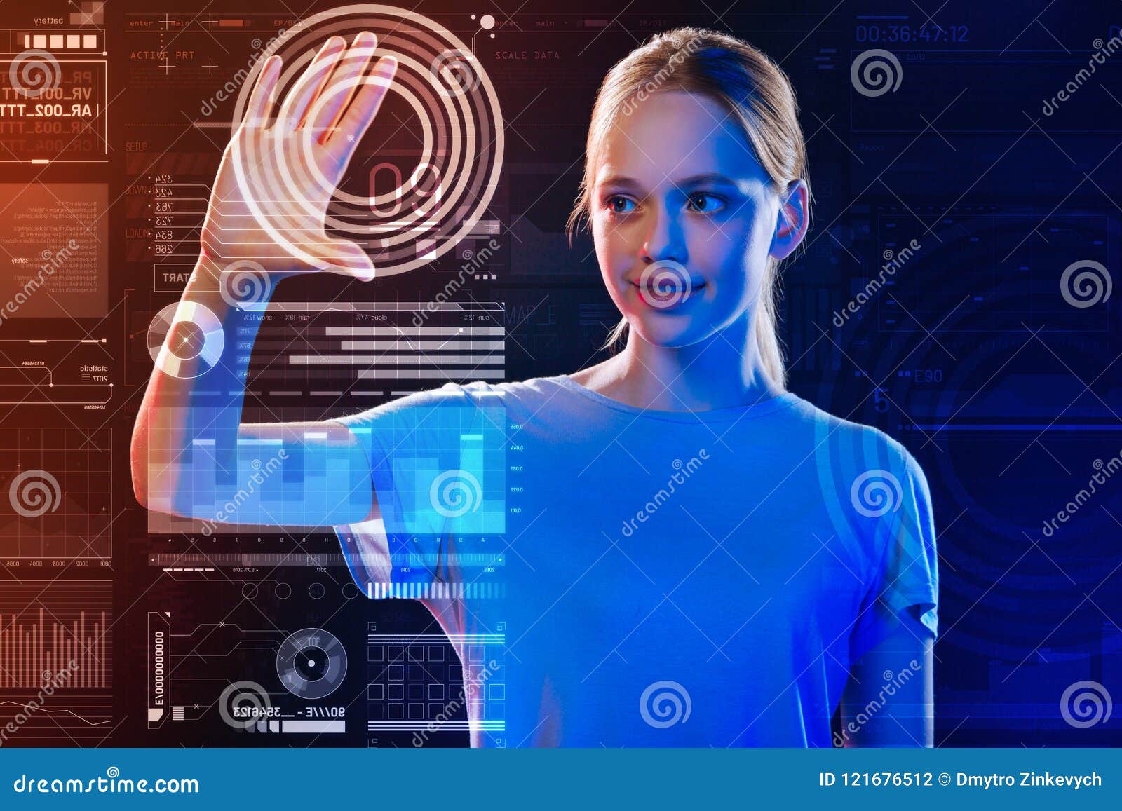 Smiling Girl Using a Security System and Touching the Screen Stock ...