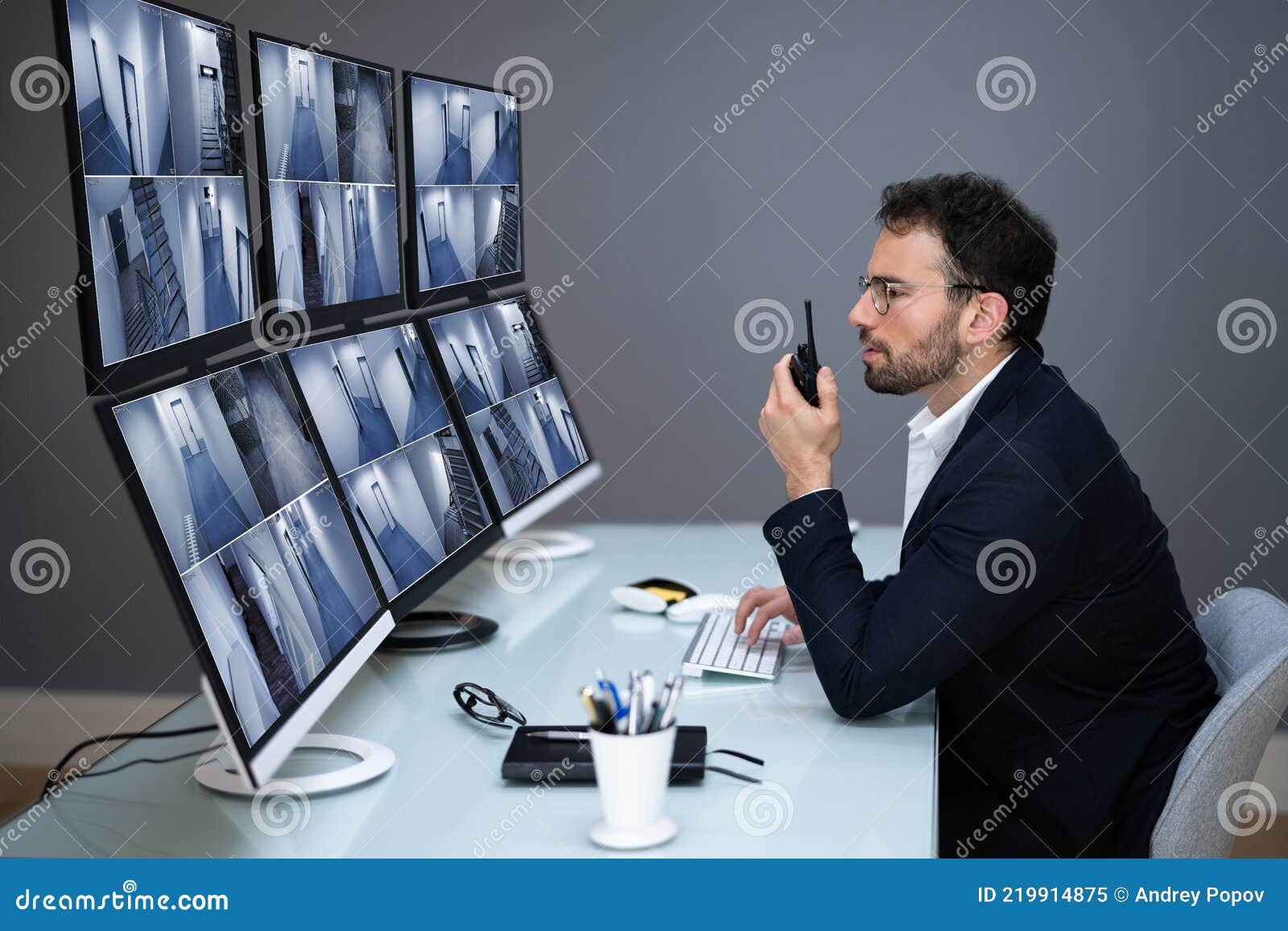Security System CCTV Monitor Room. Man Stock Image - Image of holding ...