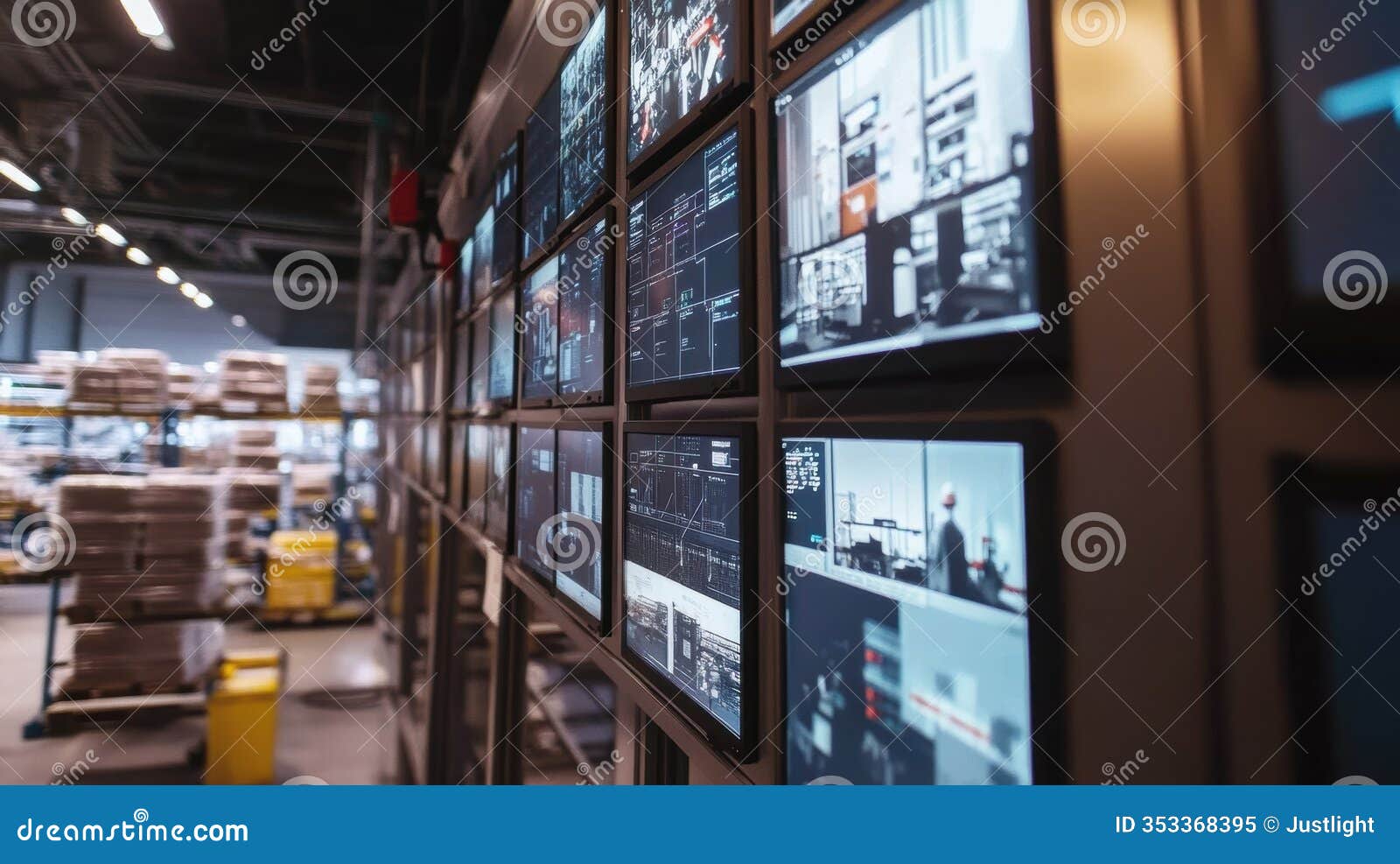 Security System Monitoring Multiple Screens Showing Data in Warehouse ...