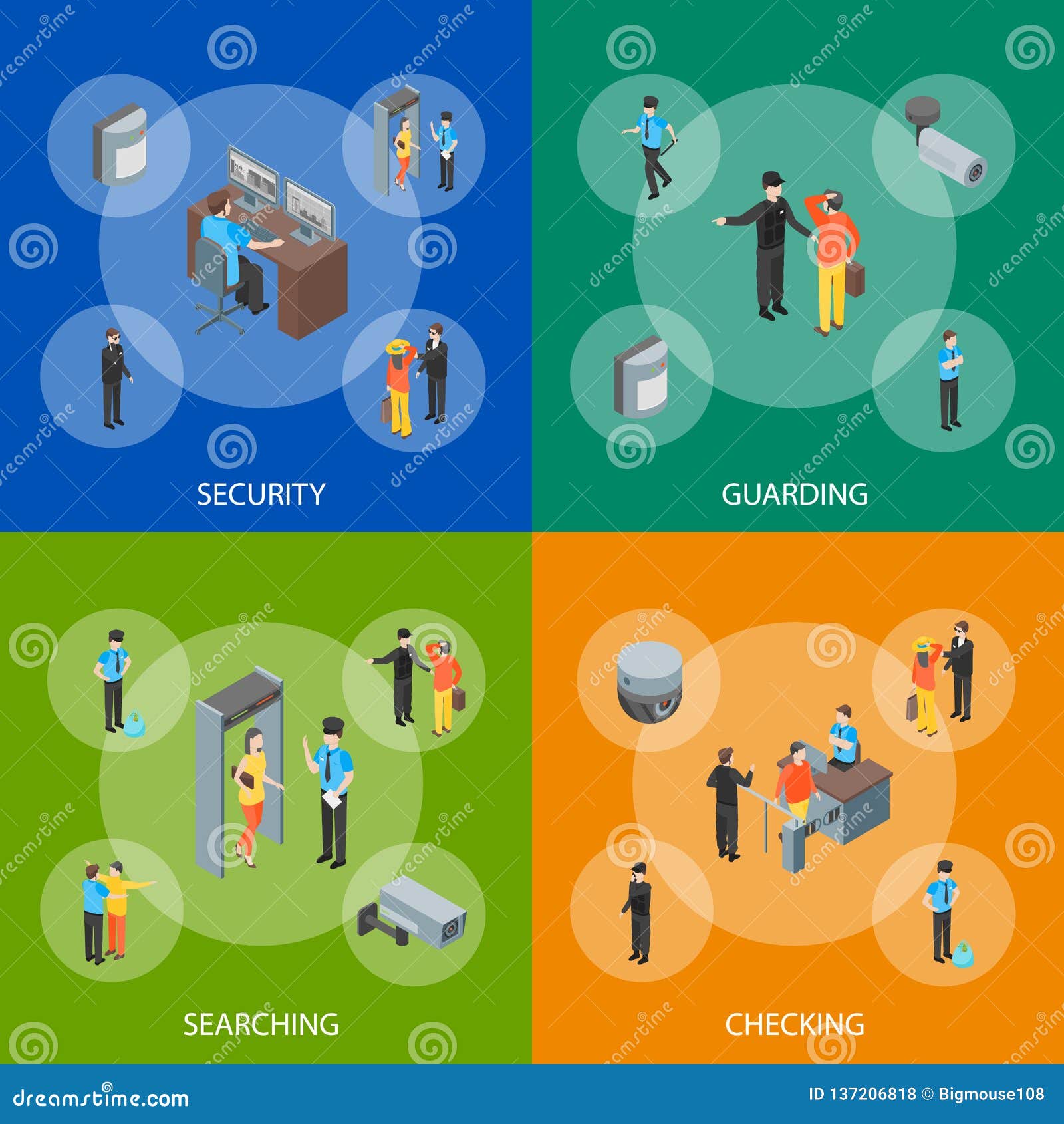 Security System People and Equipment 3d Banner Set Isometric View ...