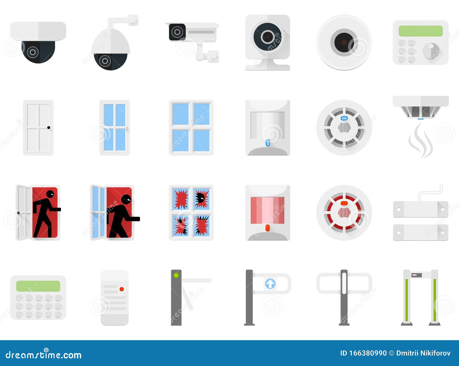 Security System Set Icons of Video Cameras, Detectors, Turnstiles ...