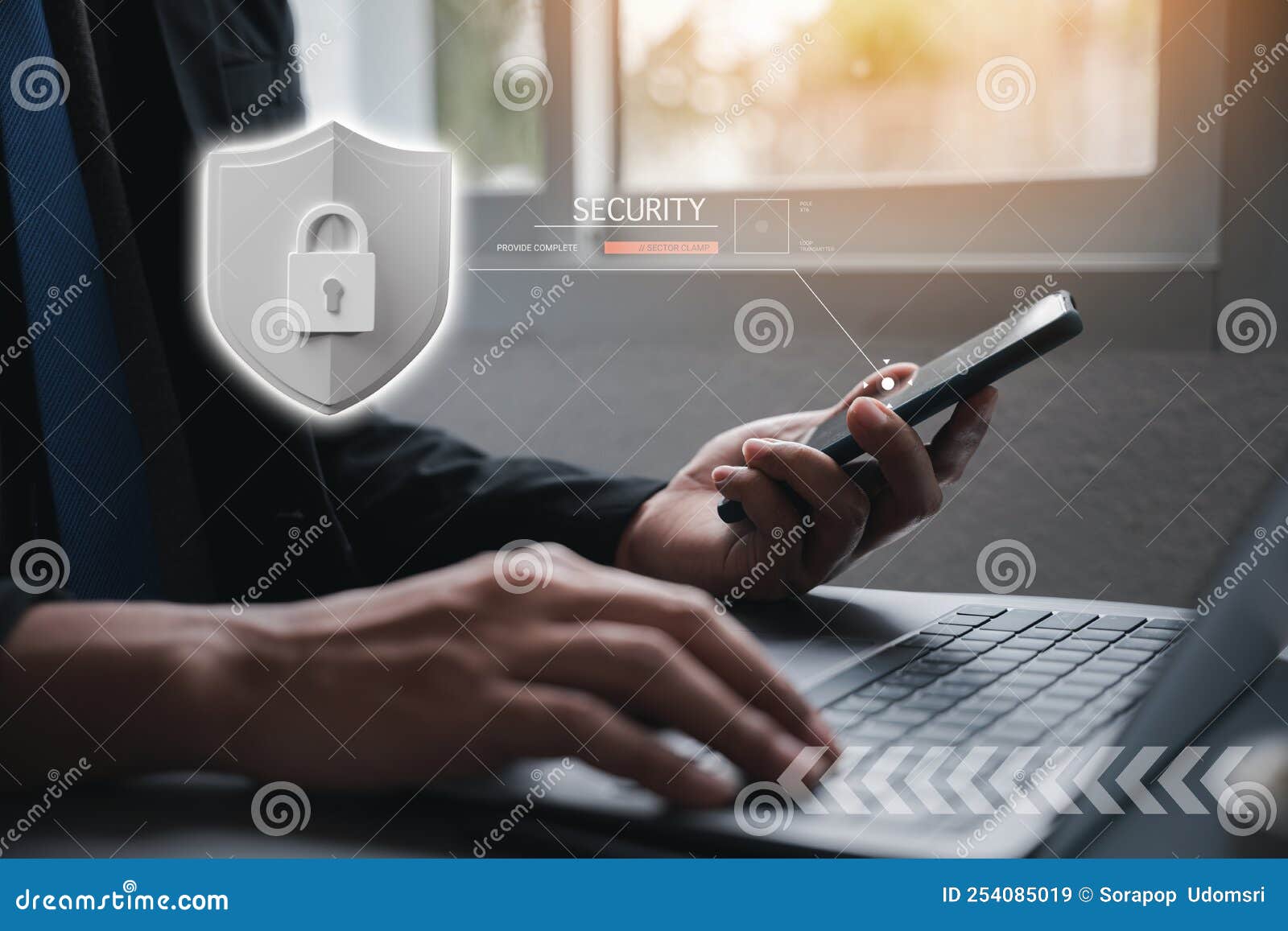 Business Man Work with Laptop Computer Hold Smart Mobile Phone with 3d ...