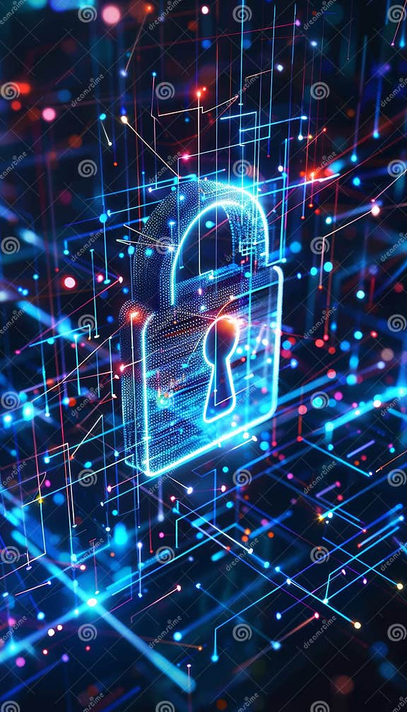 Security Technology Concept. Blue Glowing Lock Icon on Cyber Network ...