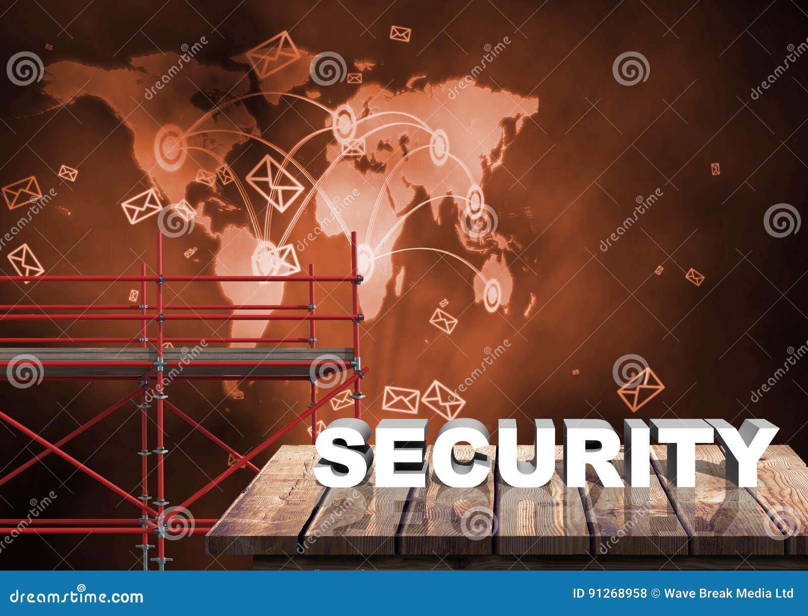 Security Text with 3D Scaffolding and World Map Interface Network Stock ...
