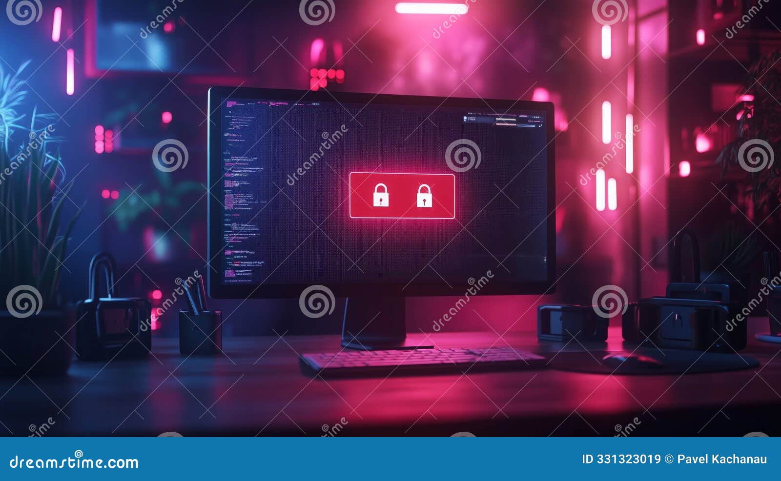 A Security Warning Appears on a Computer Screen in a Dark Room Stock ...
