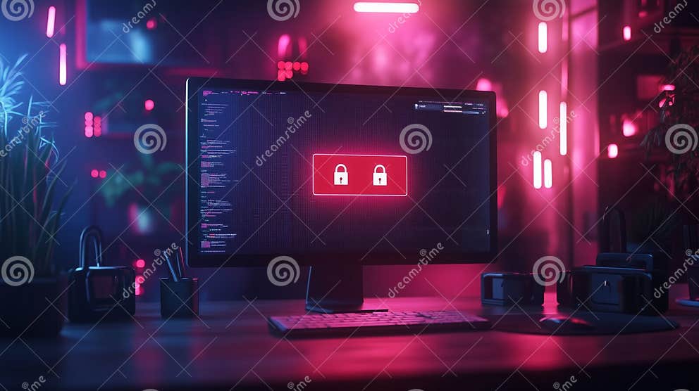 A Security Warning Appears on a Computer Screen in a Dark Room Stock ...