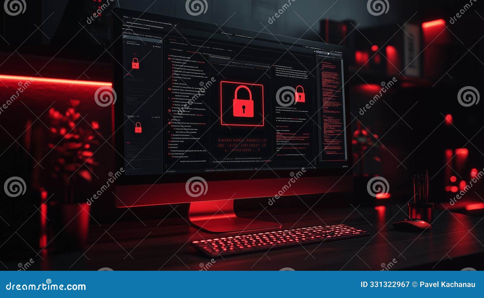 A Security Warning is Visible on the Computer Screen with Red Lighting ...
