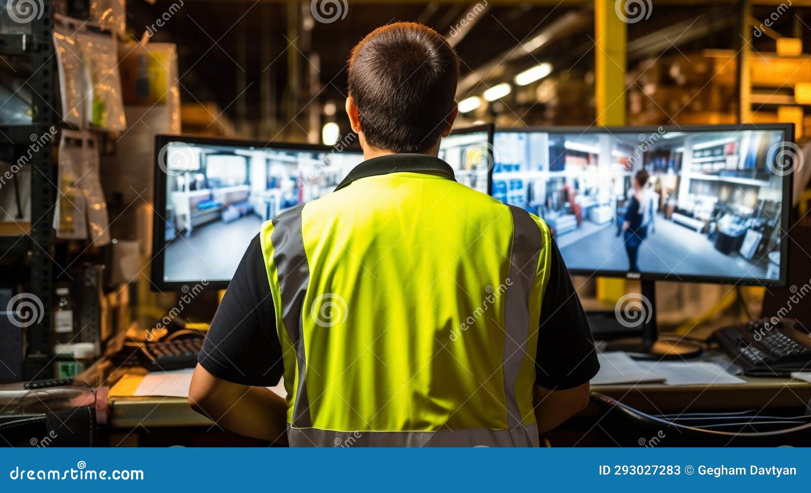 Security Worker with Security Monitors, Security Worker at he Work ...