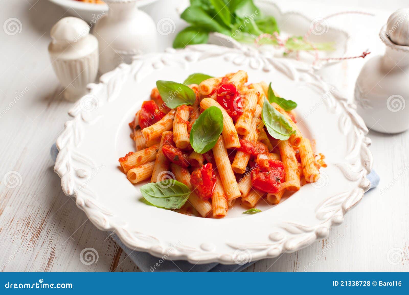 Sedani Rigati with Cherry Tomatoes and Basil Stock Photo - Image of ...