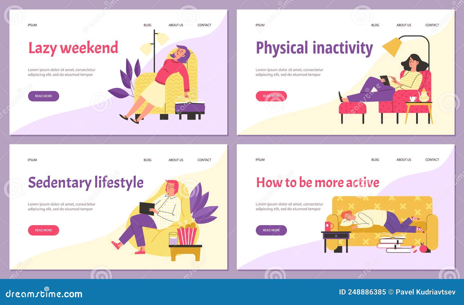 Sedentary Characters. Lazy Lifestyle People Sitting Reading Chatting In ...